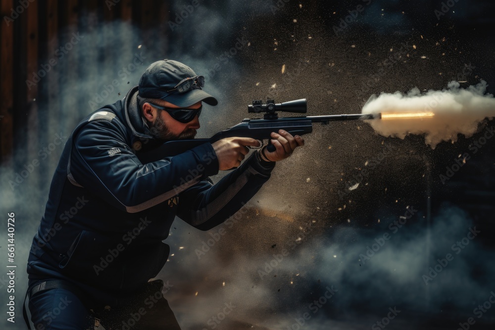 A powerful image of a man shooting a gun, with smoke billowing out of ...