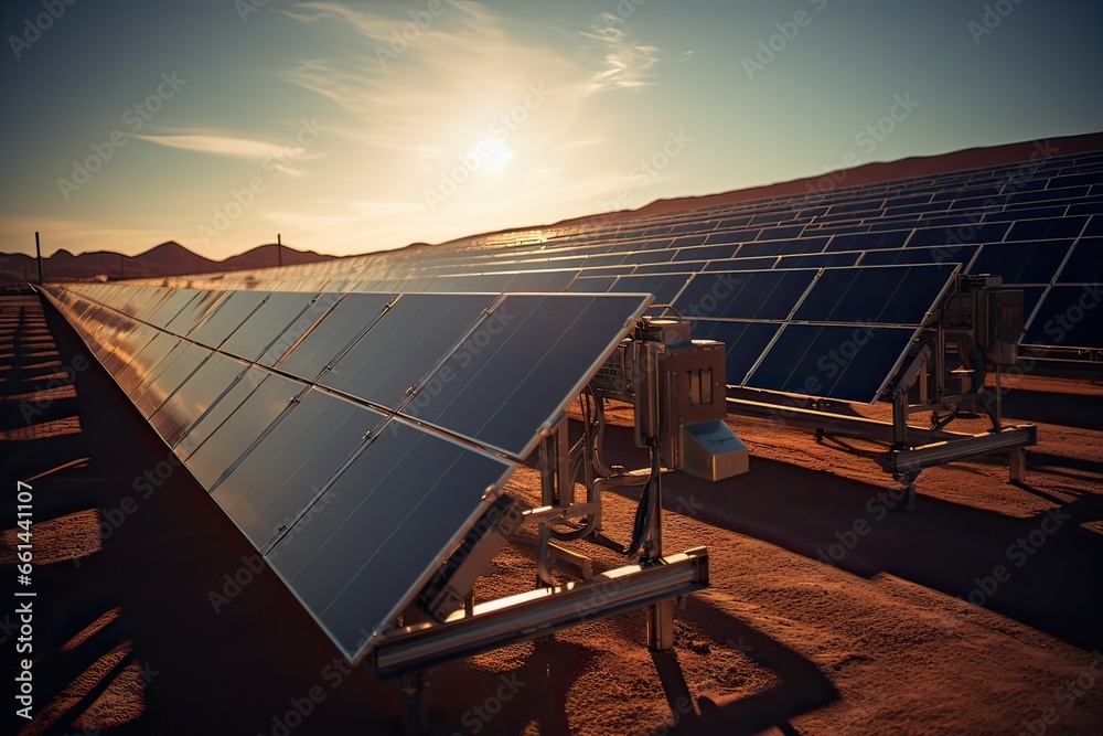 Solar panels on desert landscape. Clean energy, sustainable resources ...