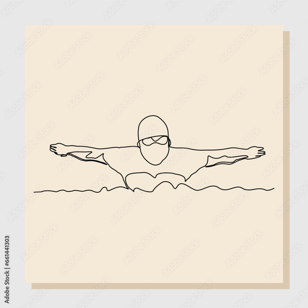 Continuous single line sketch drawing art of swimming athlete man dive ...