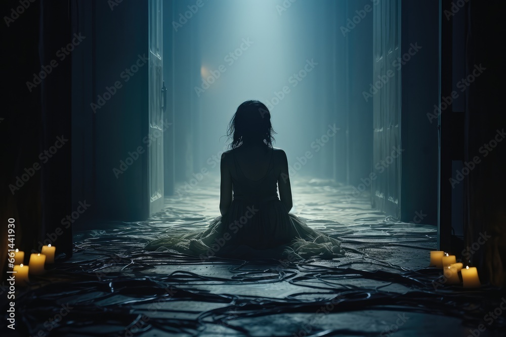 Woman sitting on the floor in a dark room with candles around her. Girl ...