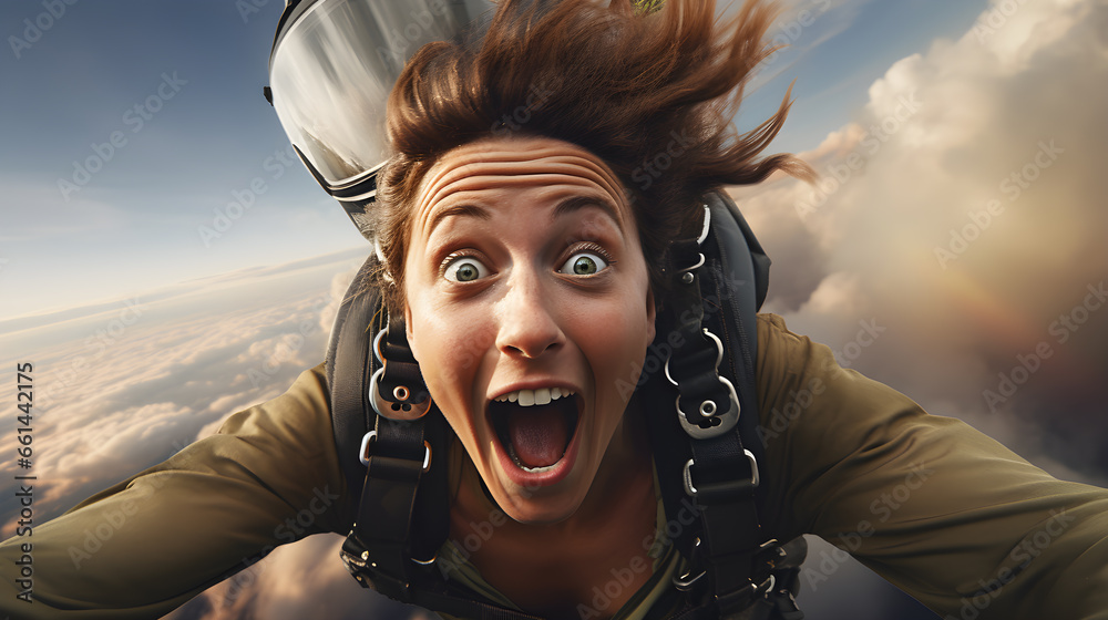 Excited woman's face in a thrilling skydiving jump. Close up Stock ...