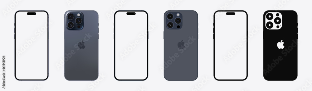 iPhone 15 pro mockup set with back and front angles. Vector icons ...