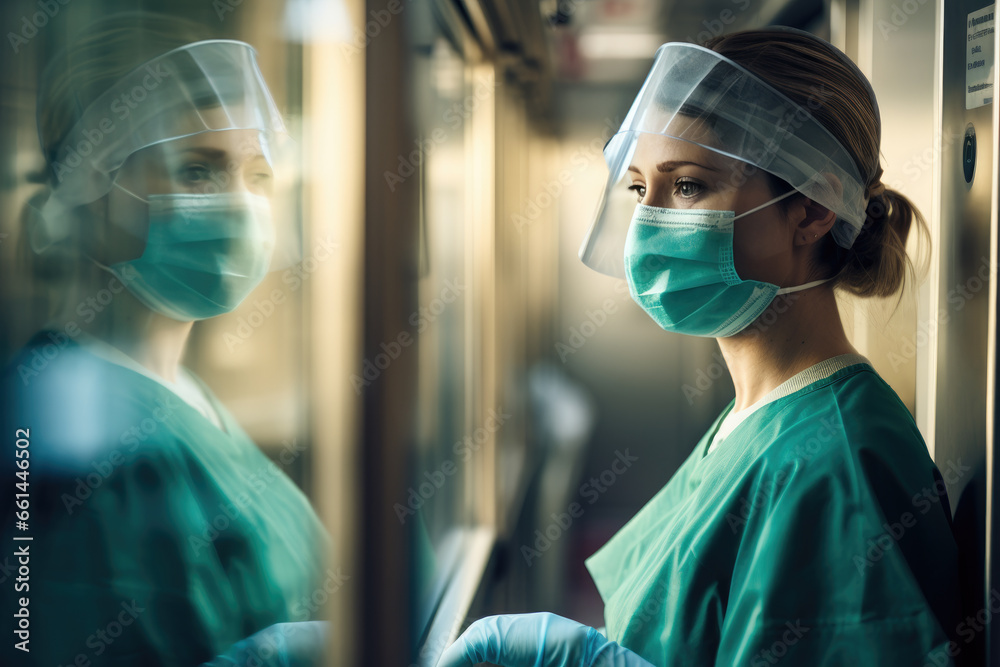 A dedicated medical professional in surgical scrubs and a face mask prepares for a life-saving ...