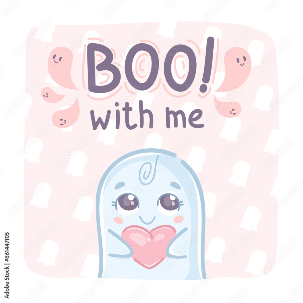 Cute ghost character in doodle style, blue, surrounded by ghosts, on a ...