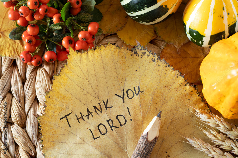 Thank You, LORD, handwritten quote on yellow leaf and wooden pencil ...