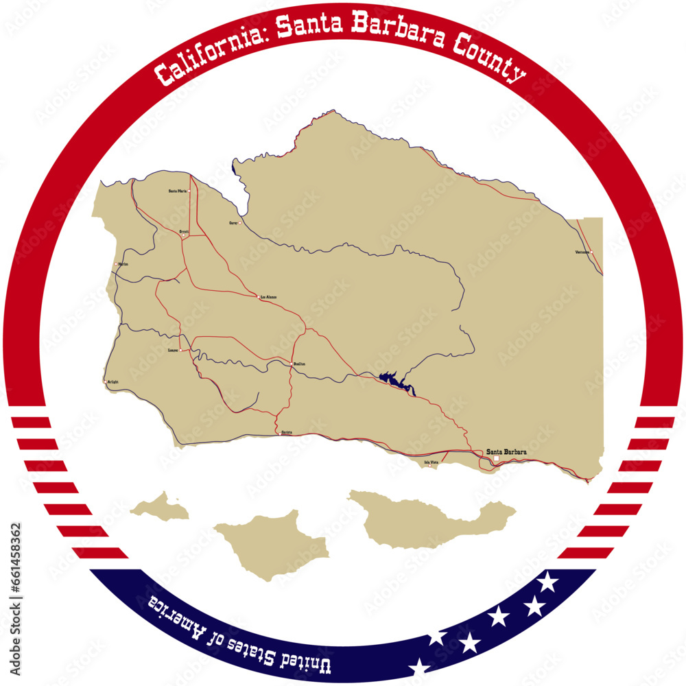 Map of Santa Barbara County in California, USA arranged in a circle ...