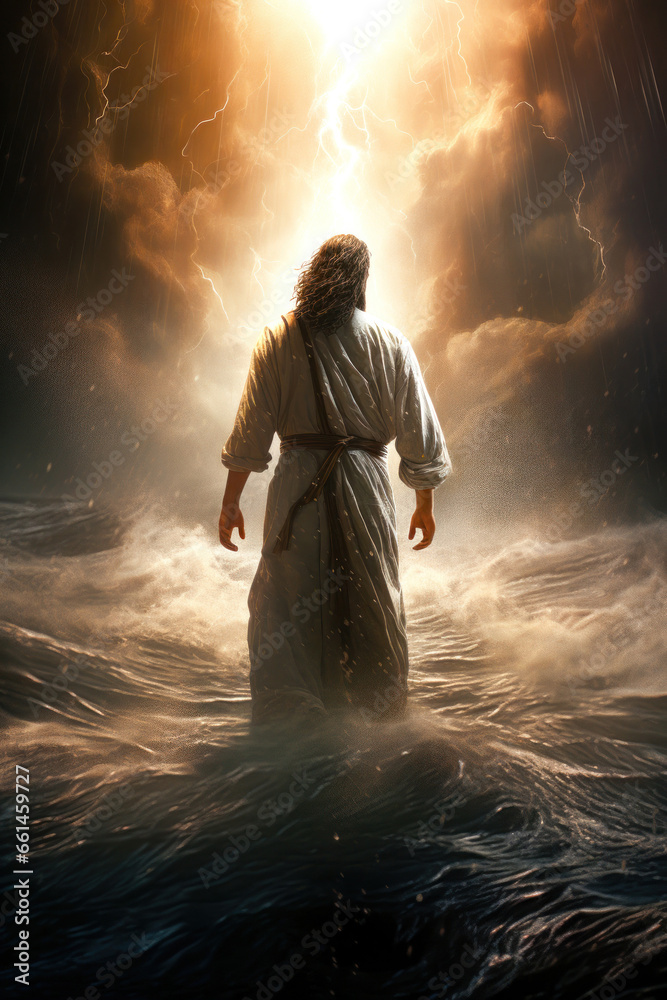 Jesus Christ our Savior walking on turbulent waters under the storm in ...