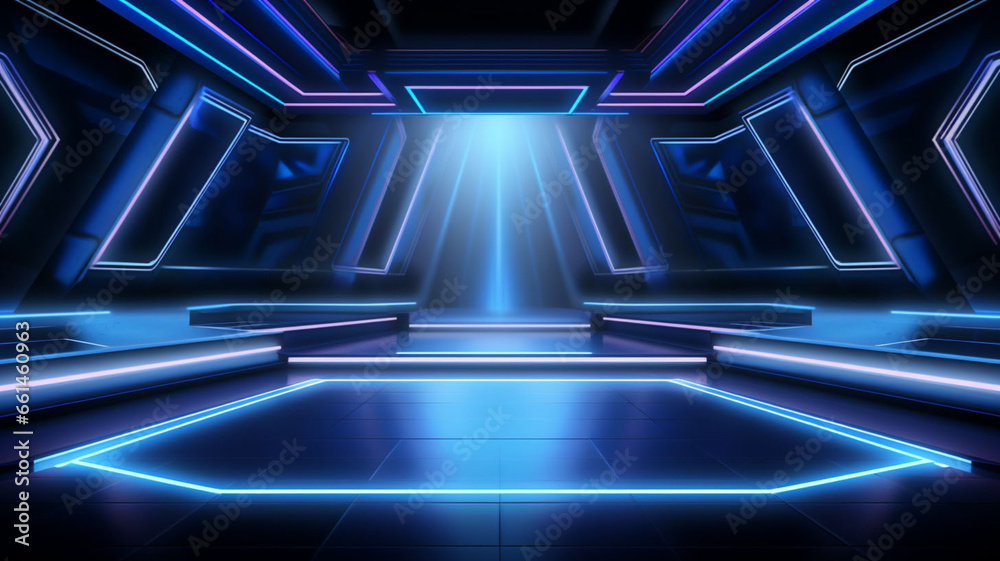 Virtual Reality Extravaganza: 3D Rendered TV Show Stage with Neon Blue ...