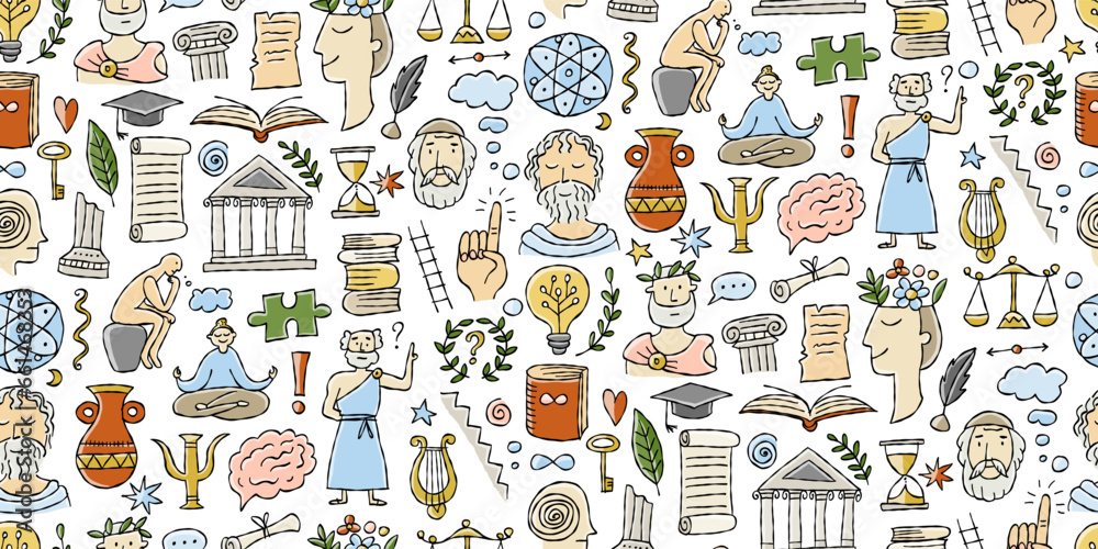 Philosophy concept art, hand-drawn philosophers and elements. Seamless ...