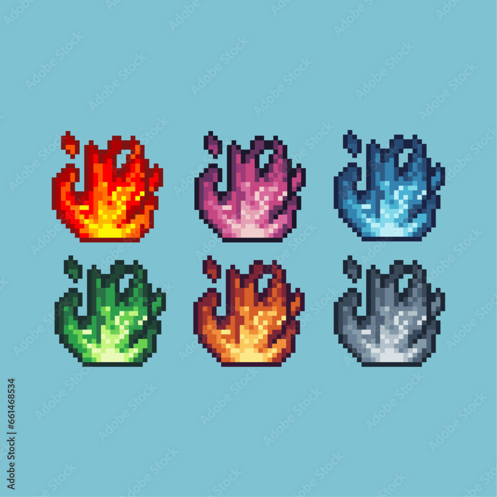 Pixel art sets of fire with variation color item asset. Simple bits of ...