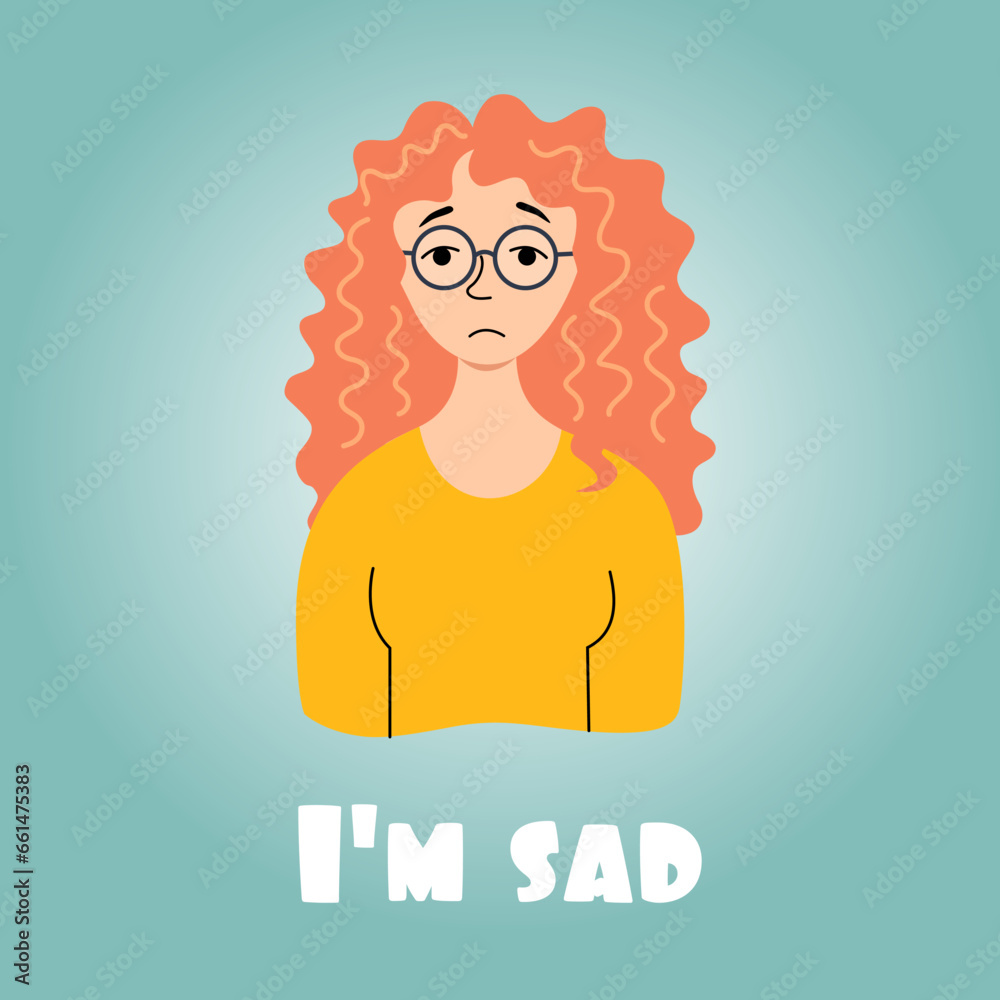 Vector illustration of a girl feeling sad on a blue background ...