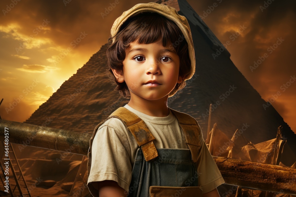 Sun-baked Ancient egyptian pyramid child boy. Ancient worker. Generate ...