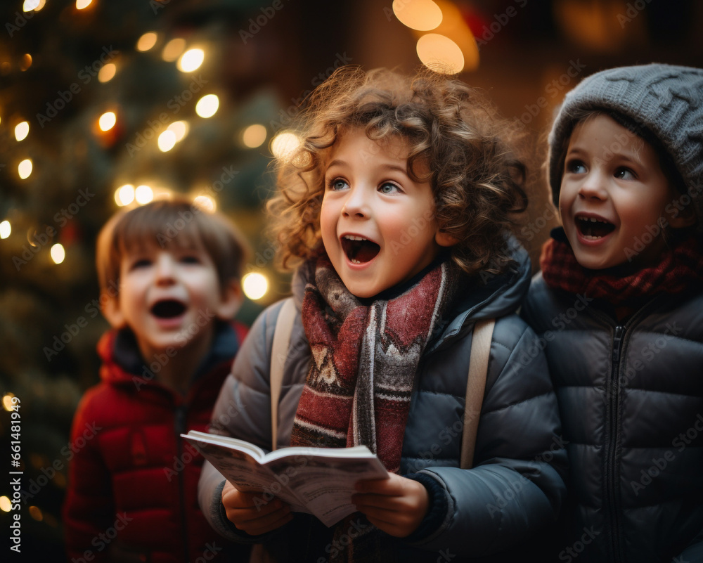 Cheerful children sing carols on the street Stock Photo | Adobe Stock