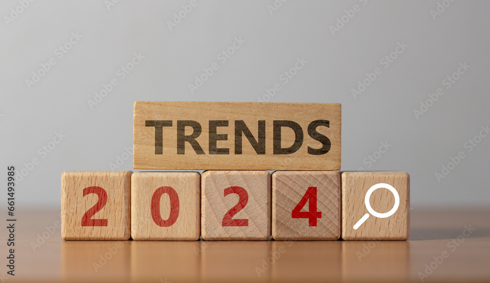 Trends for 2024, New Year symbols Wooden cube and 2024 trend text with ...