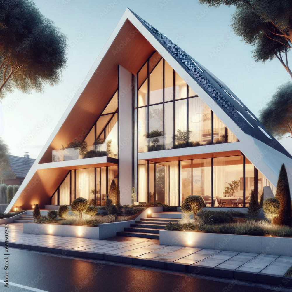Modern residential suburban building A-frame architecture, a luminous ...