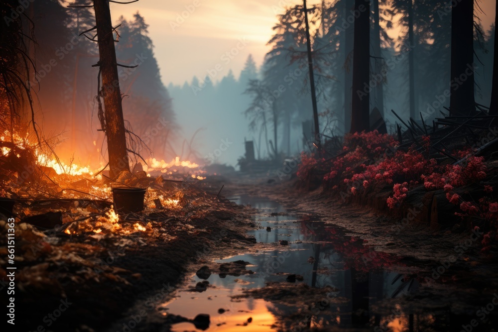 A stark image of a forest ravaged by a recent wildfire. Charred trees ...