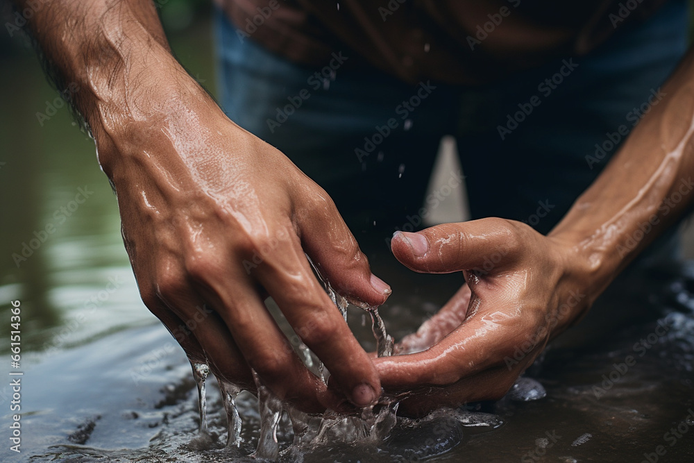 A man vigorously scrubs his hands with soap under a stream of water ...