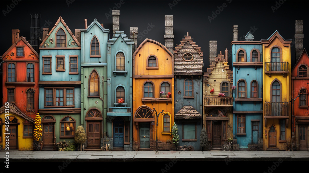 Front façade of multi-colored houses in a town that is multi-story ...