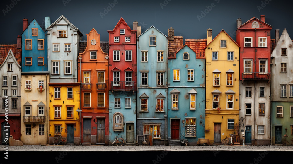 Front façade of multi-colored houses in a town that is multi-story ...