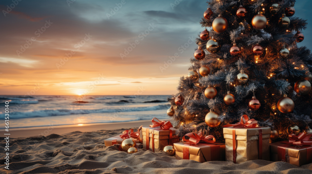 Caribbean Christmas at the beach. Sand, palm trees and colorful gift ...