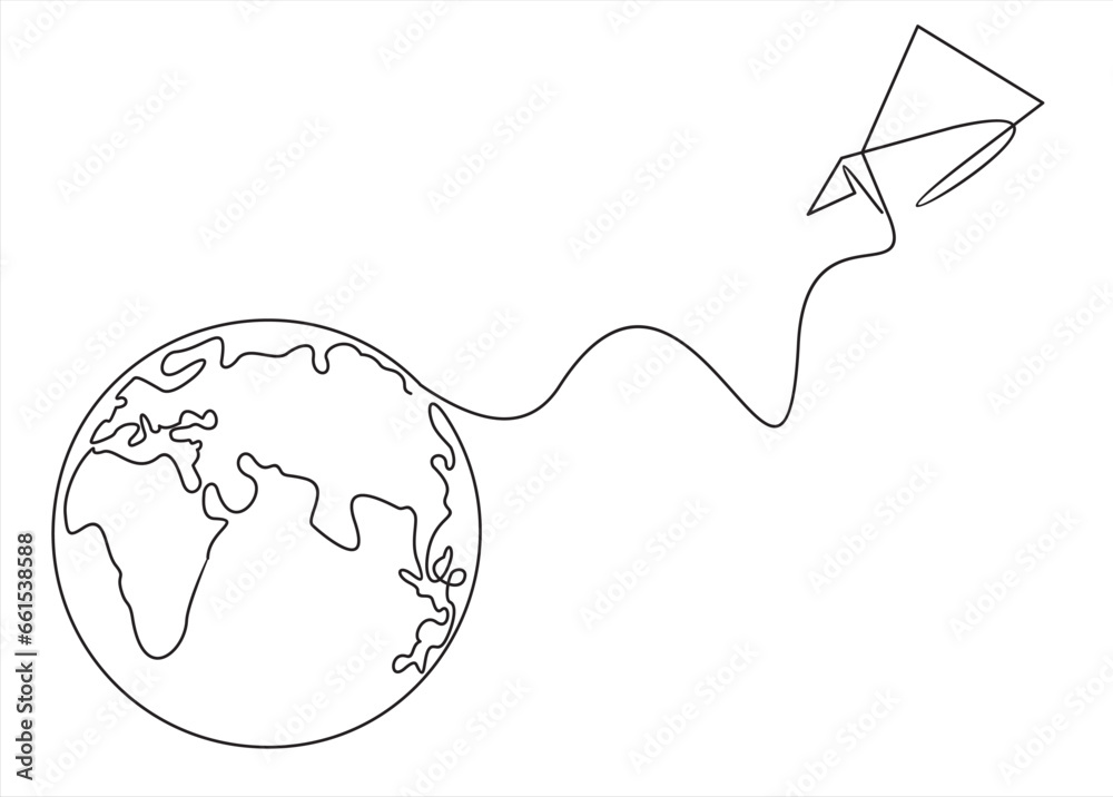 One continuous line drawing of Earth globe with paper airplane. Flight ...
