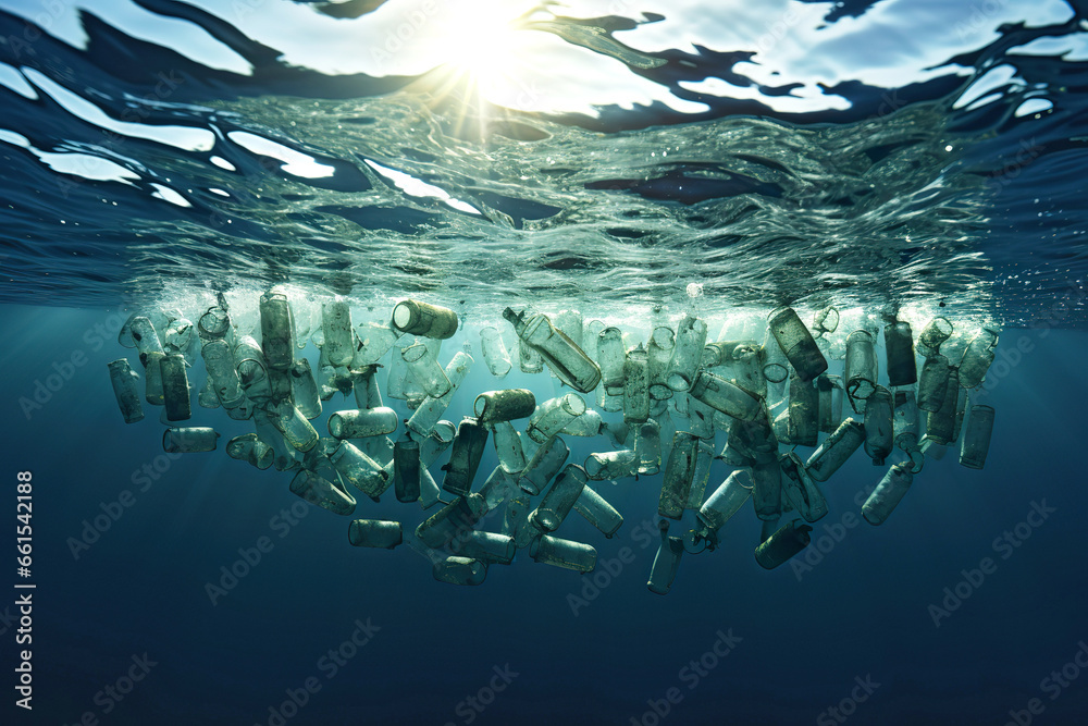 Plastic bottles litter the ocean. Environmental pollution Stock Photo ...