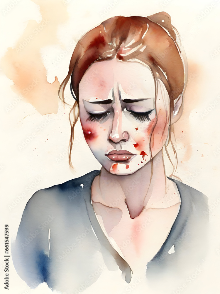 Sad young woman with bruises and blood on her face looking down ...