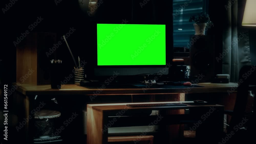 Desktop Computer Green Screen Nighttime Workplace Zoom In PC. Zoom in ...