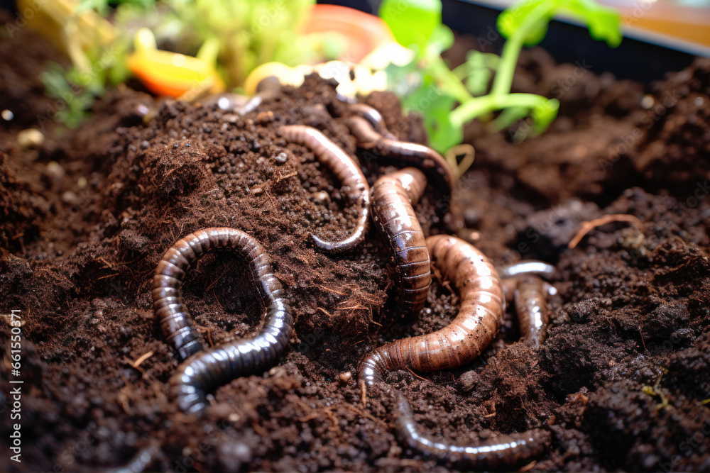 Earthworms in black soil of greenhouse. Macro Brandling, panfish, trout ...