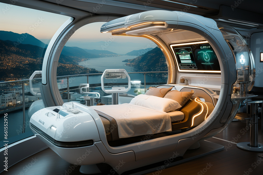 Futuristic scanner capsule. Modern tomography examining, magnetic ...