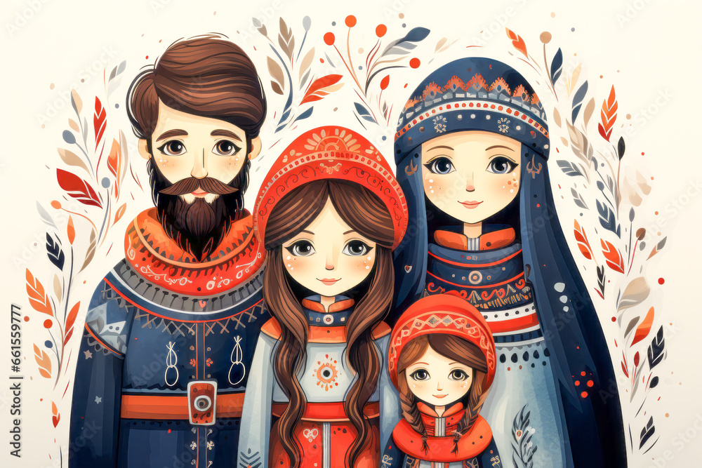 Russian family in traditional dress, spanning generations. Stock ...