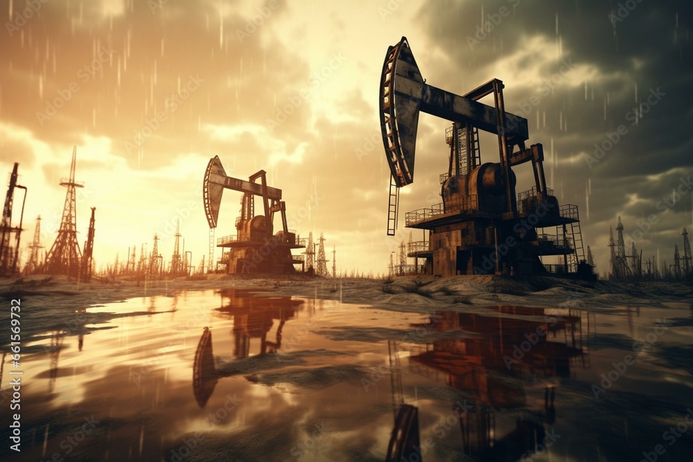 Rigs beneath sky. Crude production. Shale rigs. Oil corporations. Oil ...