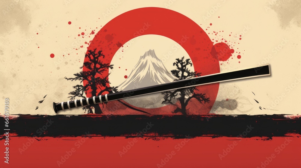 A striking poster featuring a samurai katana sword against the backdrop ...