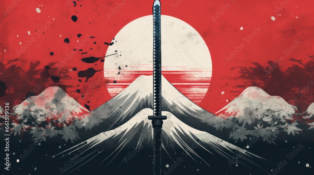 A striking poster featuring a samurai katana sword against the backdrop ...