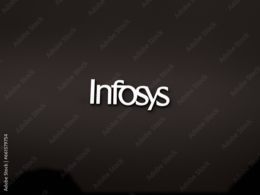 October 13th 2023 India, the white logo of Infosys on a black wall ...
