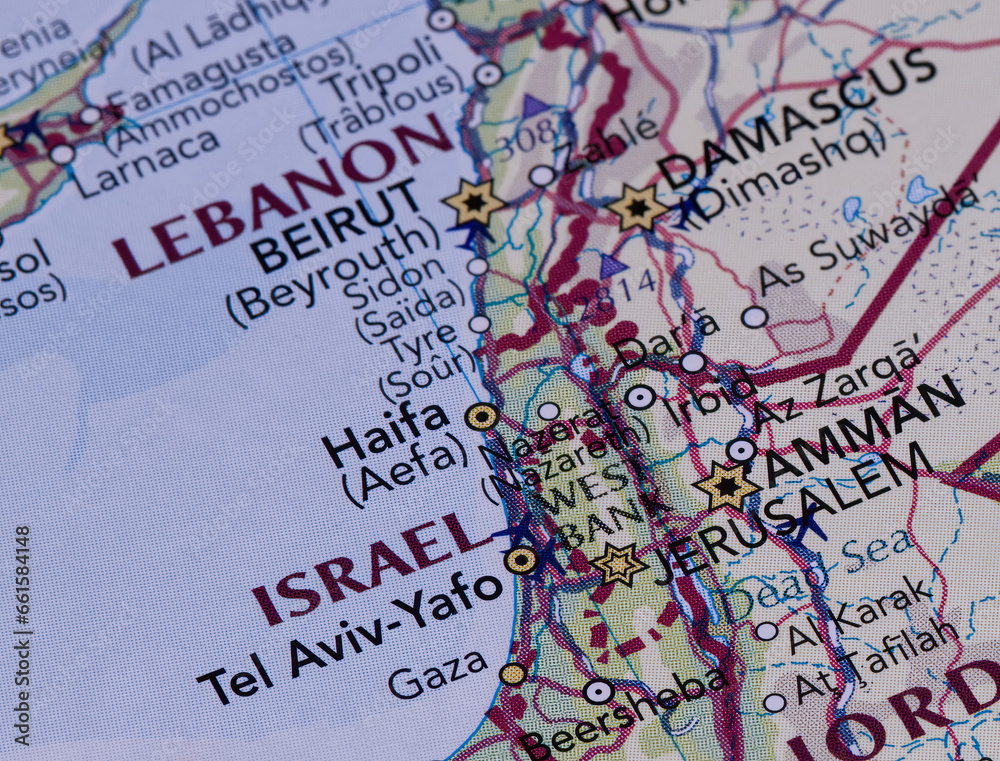 Border between Israel, Lebanon and Jordan on map. Stock Photo | Adobe Stock