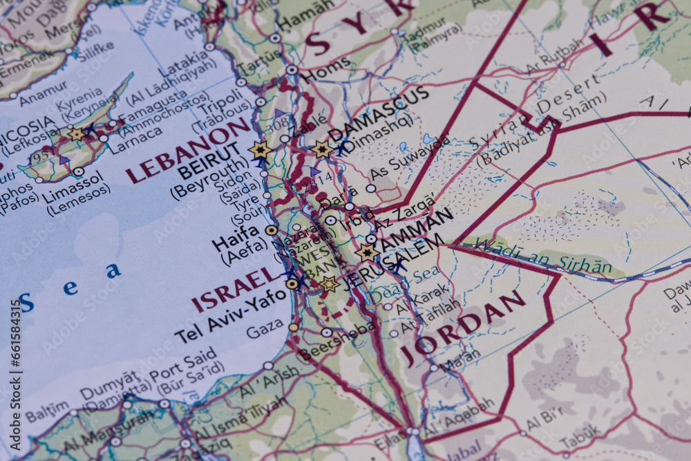 Border between Isreal, Lebanon and Jordan on map. Stock Photo | Adobe Stock