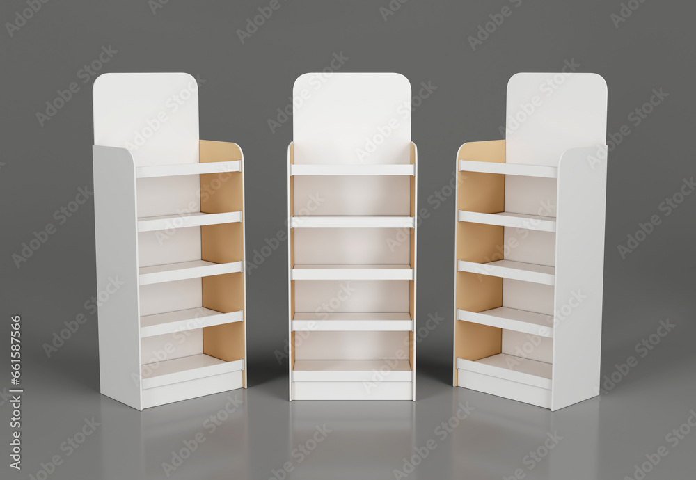 Empty cardboard display with shelves and hooks. Set of 3D illustrations ...