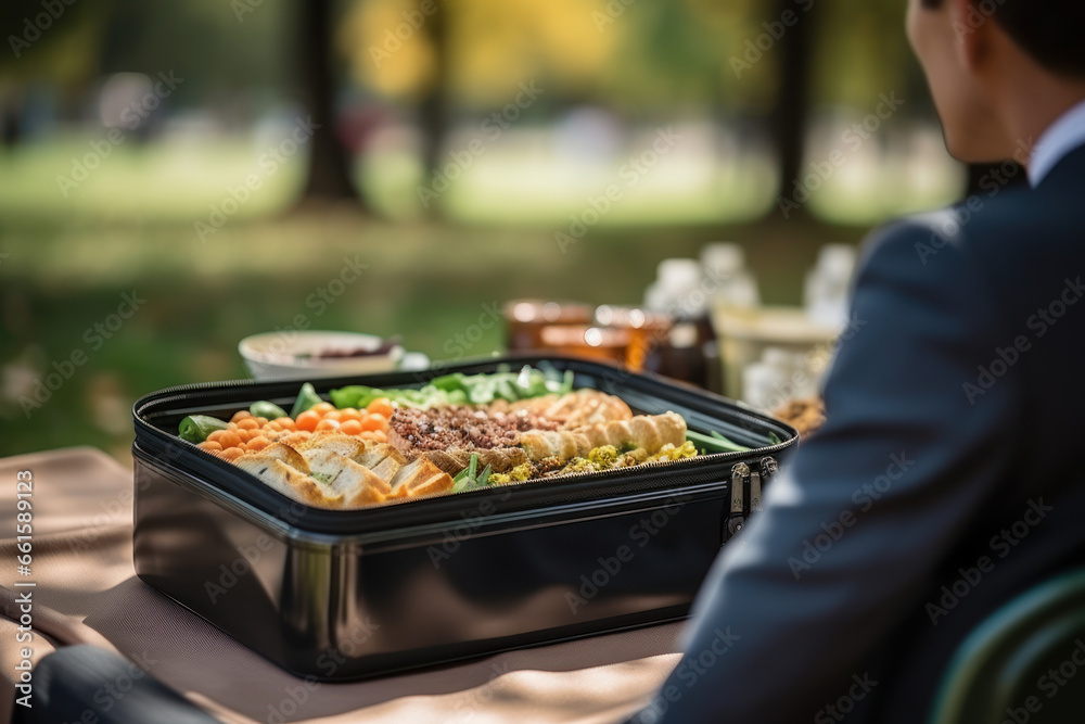 Office workers in business suits have lunch in the park and eat pre ...