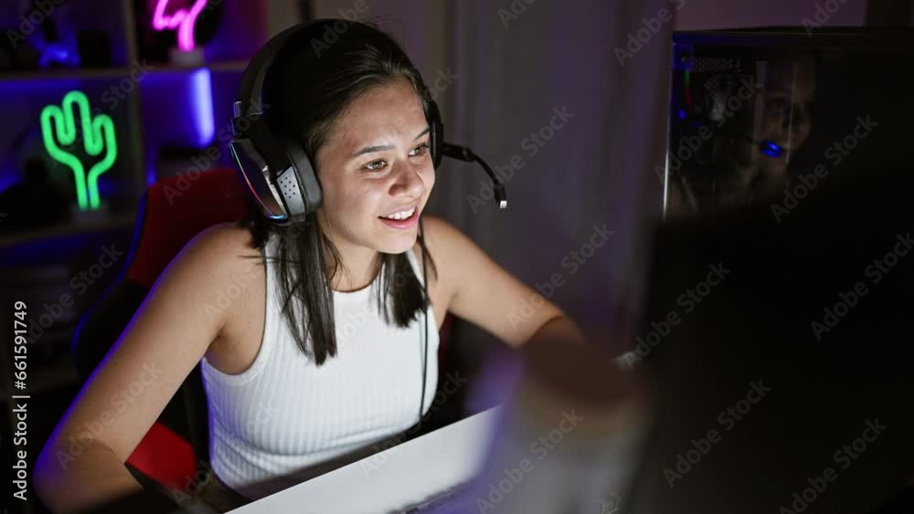 Victorious smile! young, beautiful hispanic woman streamer, ecstatic ...