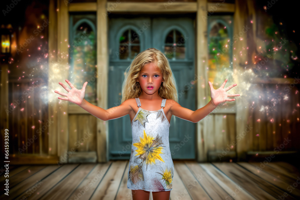 Little girl amidst a spark rain in a magical universe. Stock ...