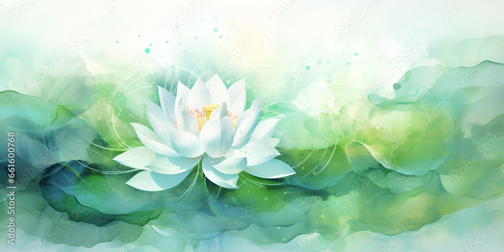 Watercolor illustration of white lotus flower, green abstract ...