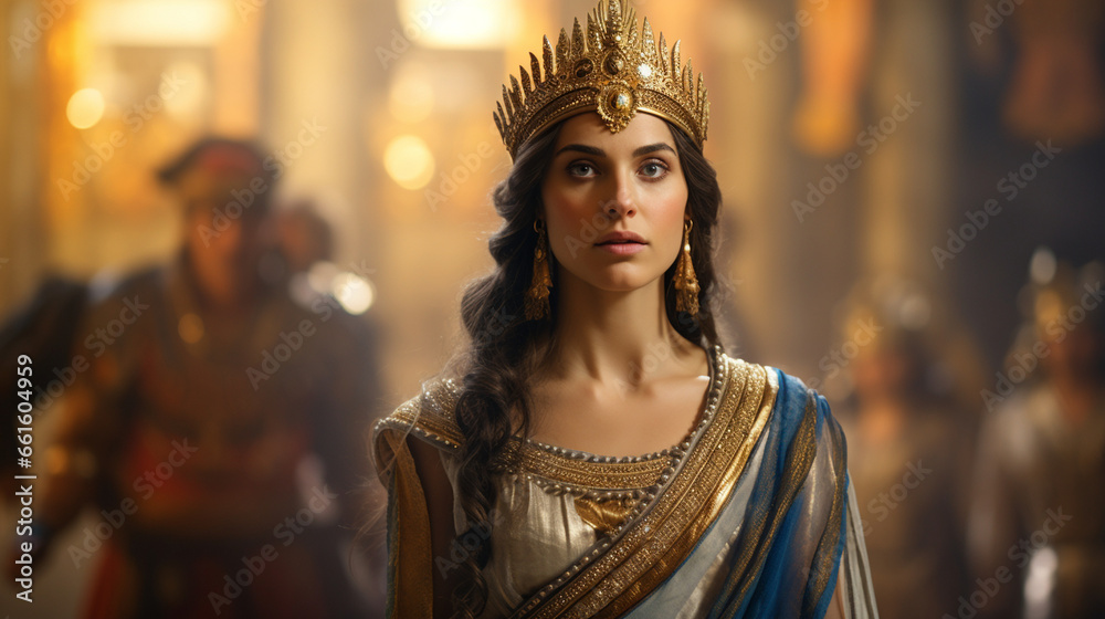 Esther in her royal attire, Biblical characters, blurred background ...