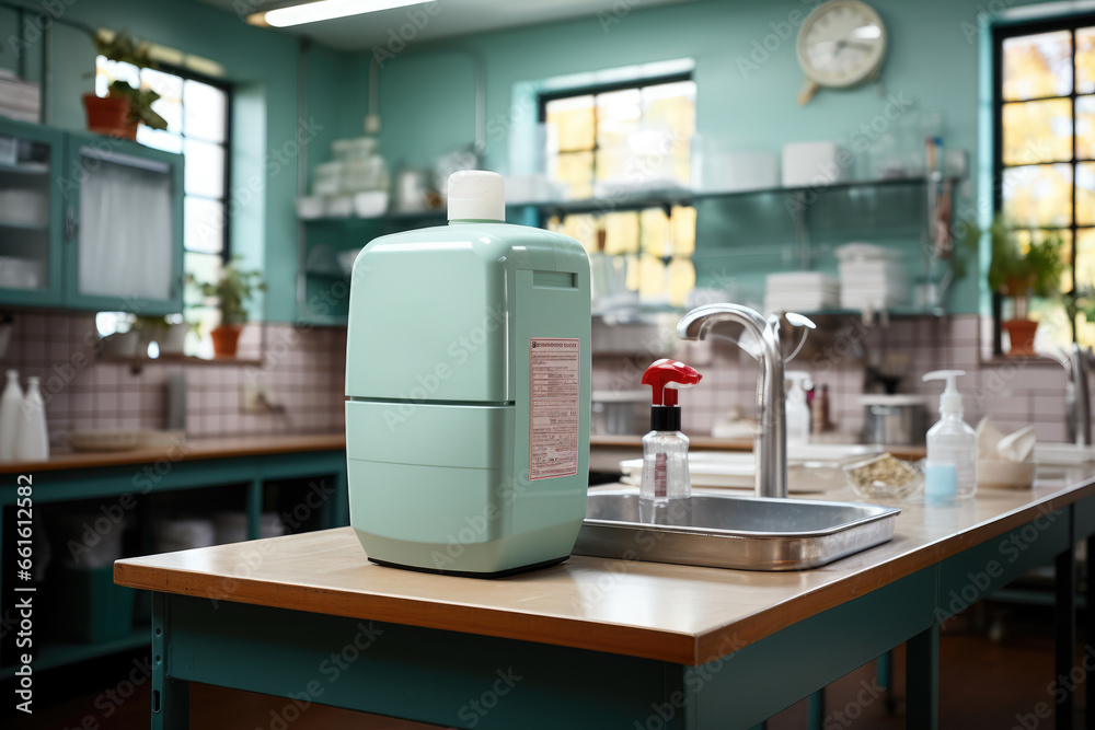 A classroom with hand sanitizer stations and signage promoting hand ...