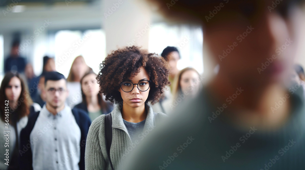 young adult woman and many other people waiting in a queue, endless ...