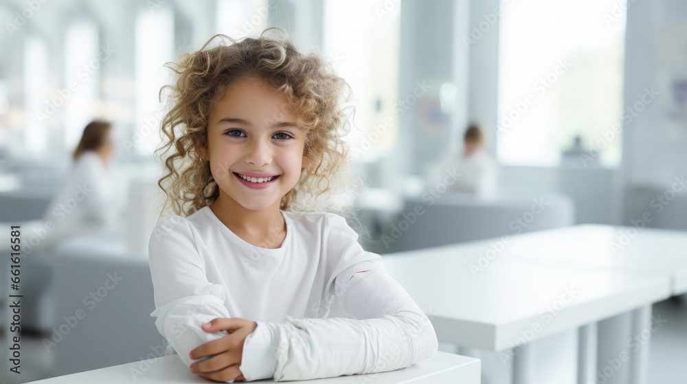 child with a broken arm, kid, hand in a cast, bandage, white plaster ...