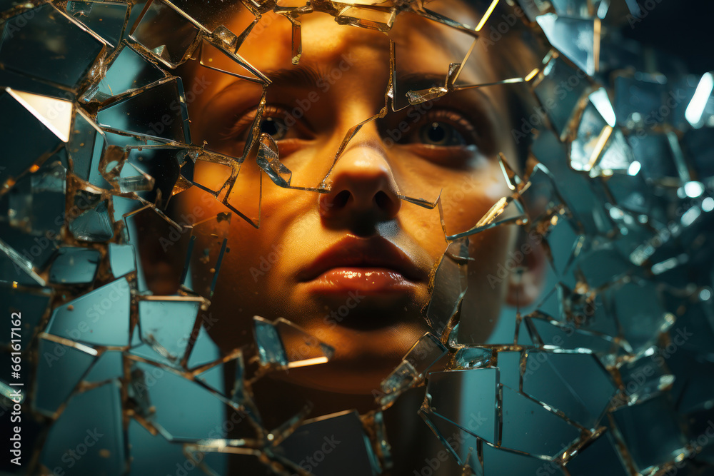 A person's reflection in a shattered mirror, representing fragmented ...
