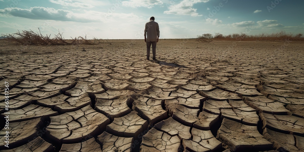 Drought concept, with person standing on very dried ground | Generative ...