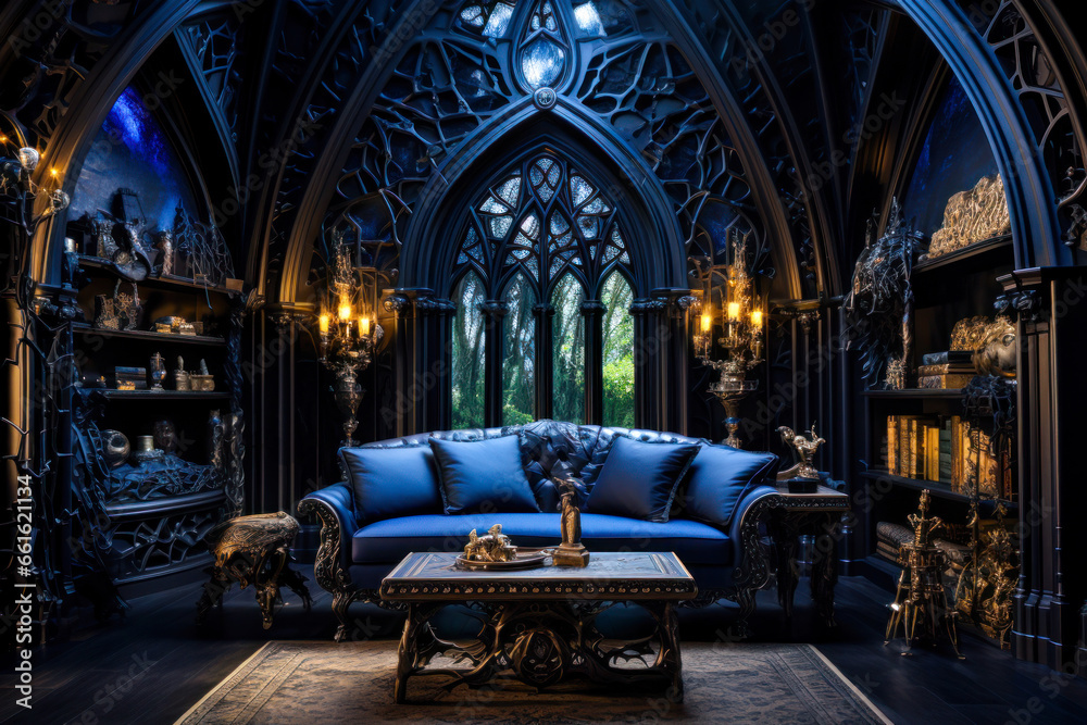 Whimsigothic interior design, dark blue, couch, arched windows Stock ...
