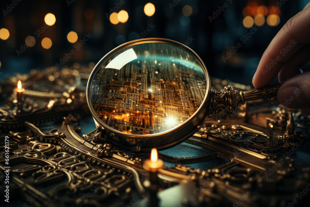 A person's hand holding a magnifying glass, examining the intricate ...